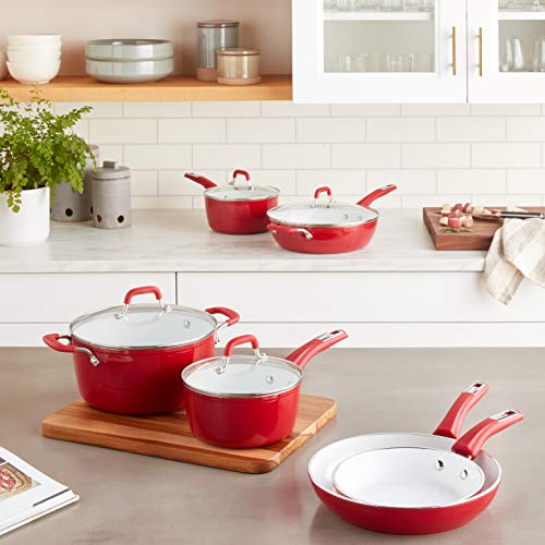 Bialetti Aeternum Ceramic Nonstick Cookware Set, 10 Piece Cookware Set, Red/White