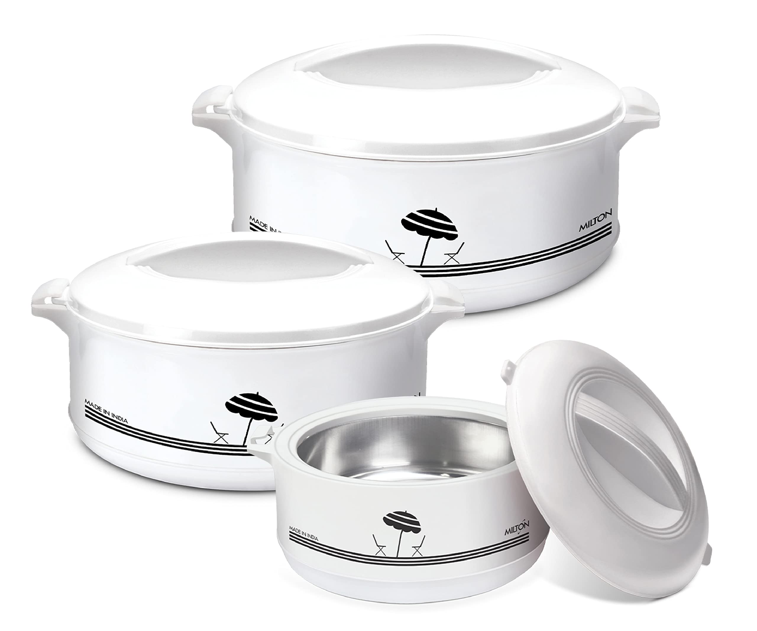 MILTON Treat 1000/1500/2500 Insulated Inner Stainless Steel Casserole 3 Pcs Set of 1/1.5/2.5 Ltr | BPA Free | Food Grade | Easy to Carry | Easy to Store | Pack of 3, White