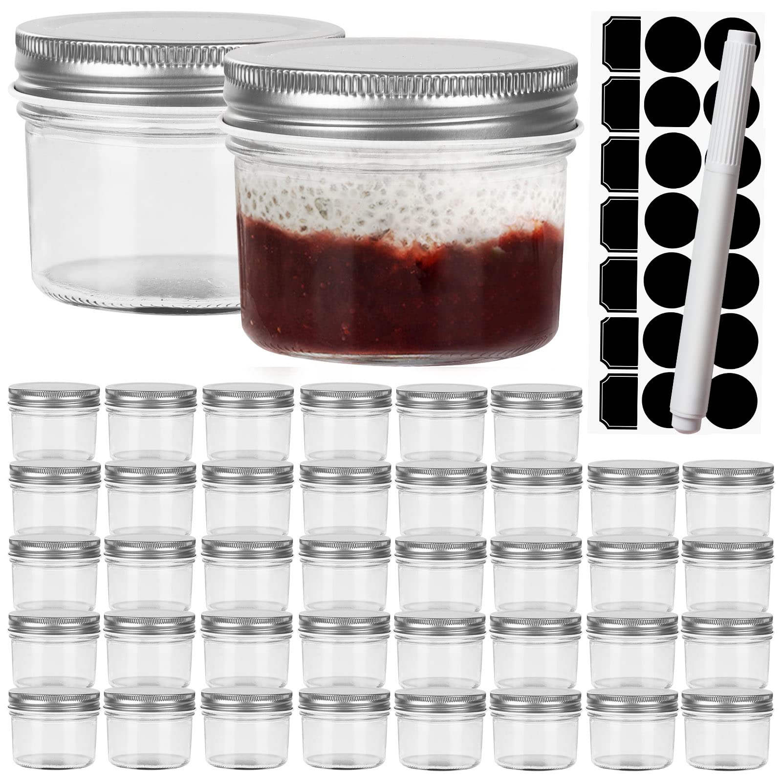 Waymind 4oz Glass Jars With Silver Lids,Mason Jars,Glass Jars with Airtight lids,Ideal for Honey,Jam,Baby Foods,Wedding Favor,DIY Magnetic Spice Jars,Mini Spice Jars for Kitchen,Set of 40