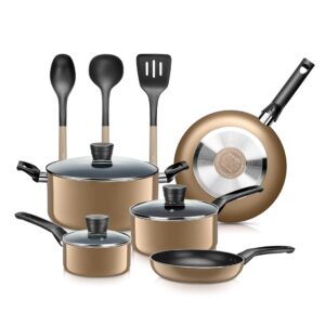 serenelife kitchenware pots & pans basic kitchen cookware, black non-stick coating inside, heat resistant lacquer (11-piece set), one size, gold