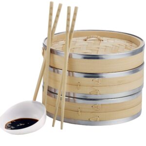 vonshef premium 2 tier bamboo steamer with stainless steel banding includes 2 pairs of chopsticks and 50 wax steamer liners, perfect for steaming dim sum dumplings buns vegetables fish rice, 10 inches