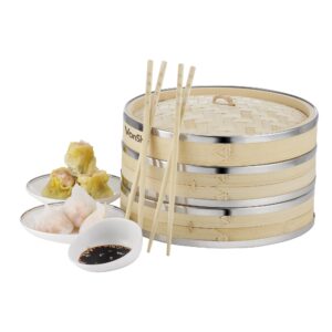 VonShef Premium 2 Tier Bamboo Steamer with Stainless Steel Banding Includes 2 Pairs of Chopsticks and 50 Wax Steamer Liners, Perfect For Steaming Dim Sum Dumplings Buns Vegetables Fish Rice, 10 Inches