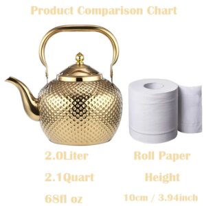 Alunsito Teapot for Stove Top, Stovetop Tea Kettle, Food Grade Stainless Steel Tea Kettle, 2.1qt Metal Tea Pot with Tea Strainer for Easy Tea, Coffee, Gold, 2 Liters