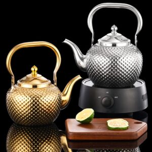 Alunsito Teapot for Stove Top, Stovetop Tea Kettle, Food Grade Stainless Steel Tea Kettle, 2.1qt Metal Tea Pot with Tea Strainer for Easy Tea, Coffee, Gold, 2 Liters