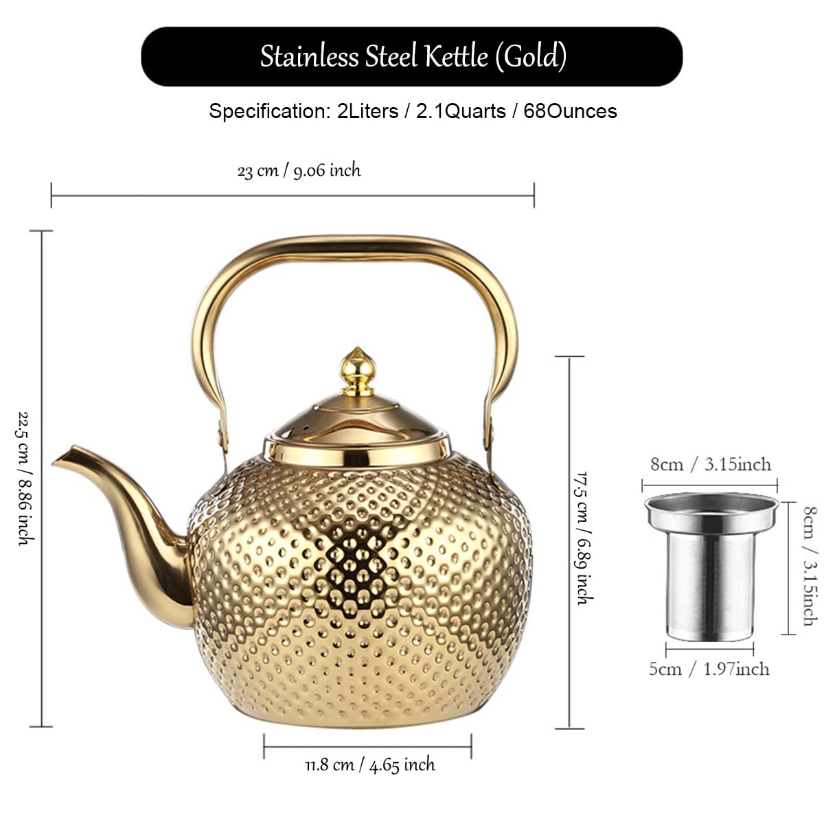 Alunsito Teapot for Stove Top, Stovetop Tea Kettle, Food Grade Stainless Steel Tea Kettle, 2.1qt Metal Tea Pot with Tea Strainer for Easy Tea, Coffee, Gold, 2 Liters