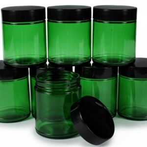 Vivaplex, Green, 8 ounce, Round Glass Jars, with Black Lids - 8 Pack