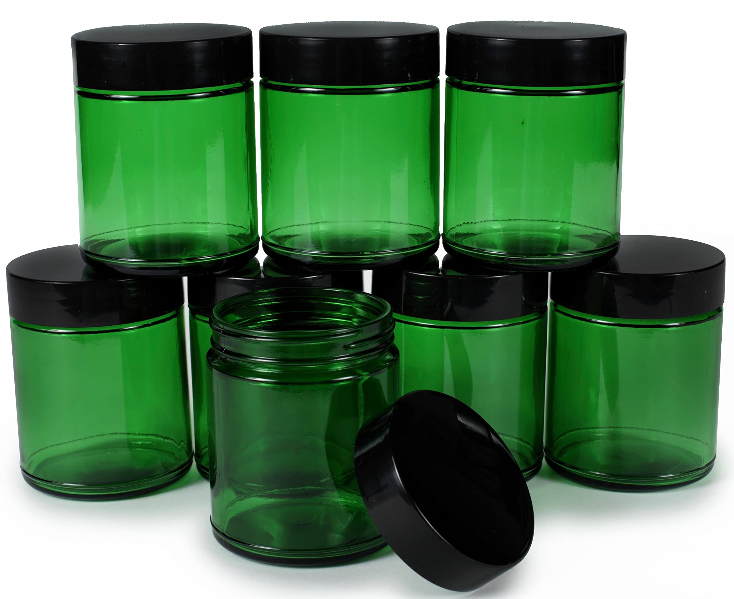 Vivaplex, Green, 8 ounce, Round Glass Jars, with Black Lids - 8 Pack