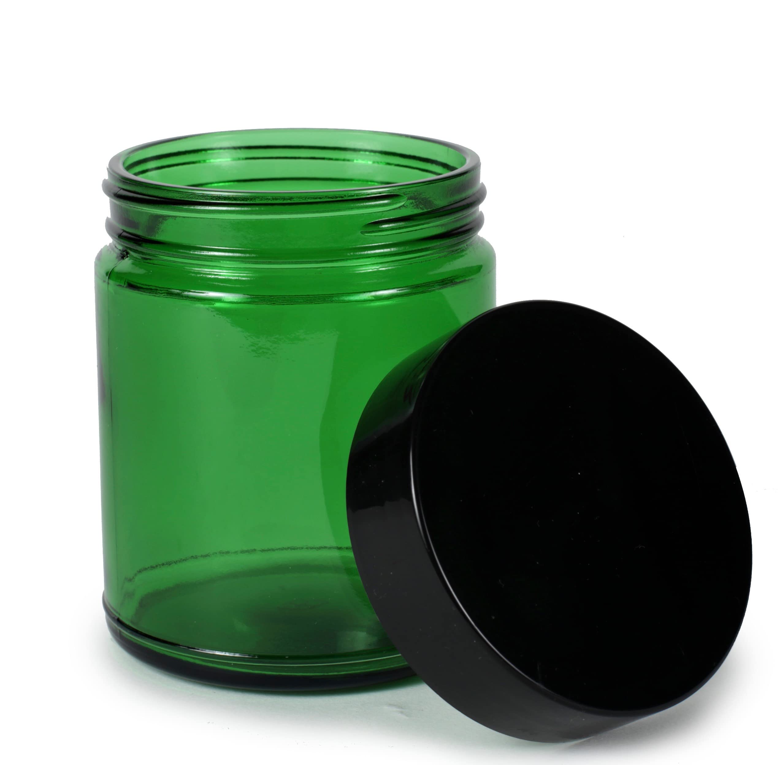 Vivaplex, Green, 8 ounce, Round Glass Jars, with Black Lids - 8 Pack