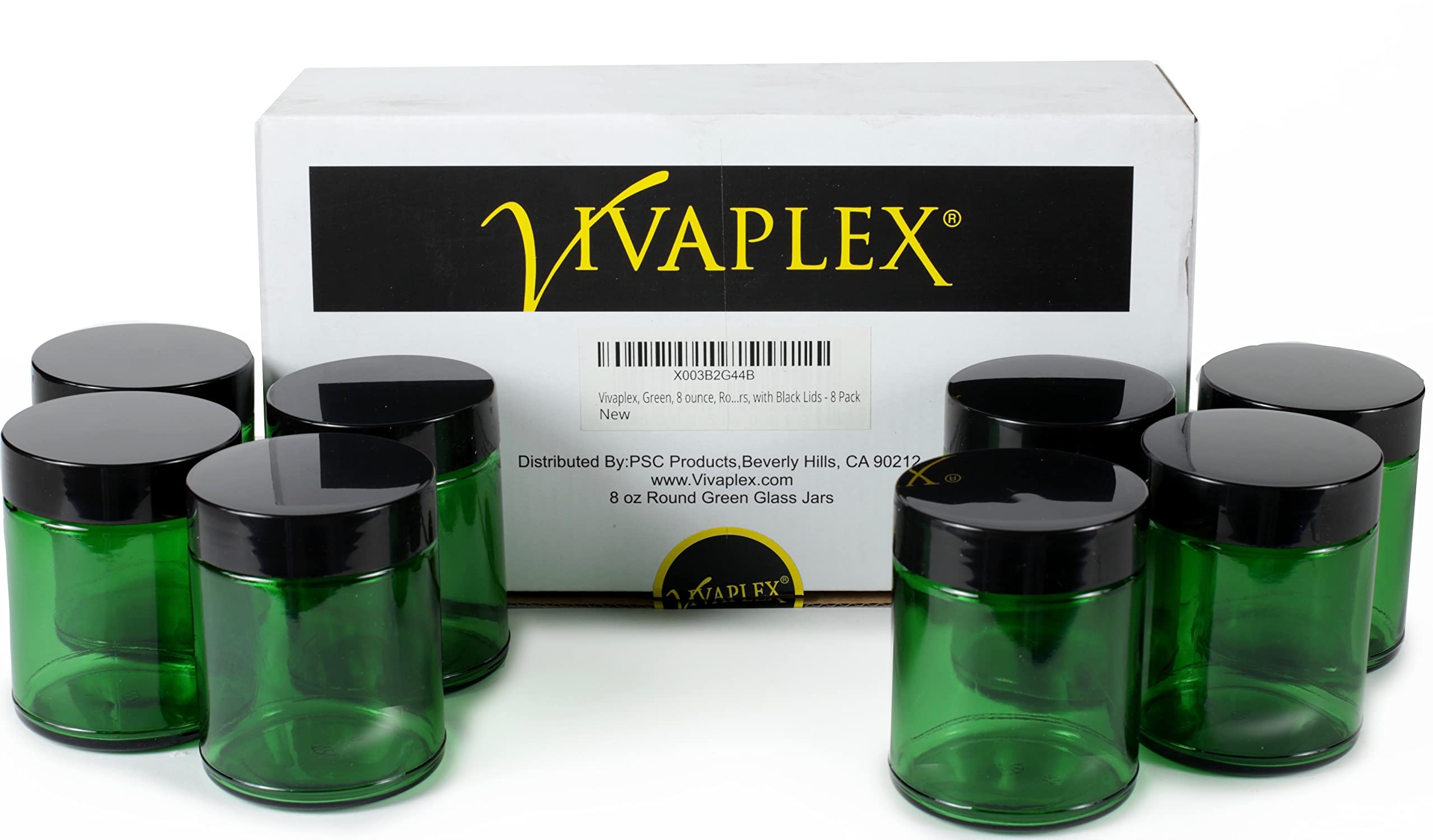 Vivaplex, Green, 8 ounce, Round Glass Jars, with Black Lids - 8 Pack