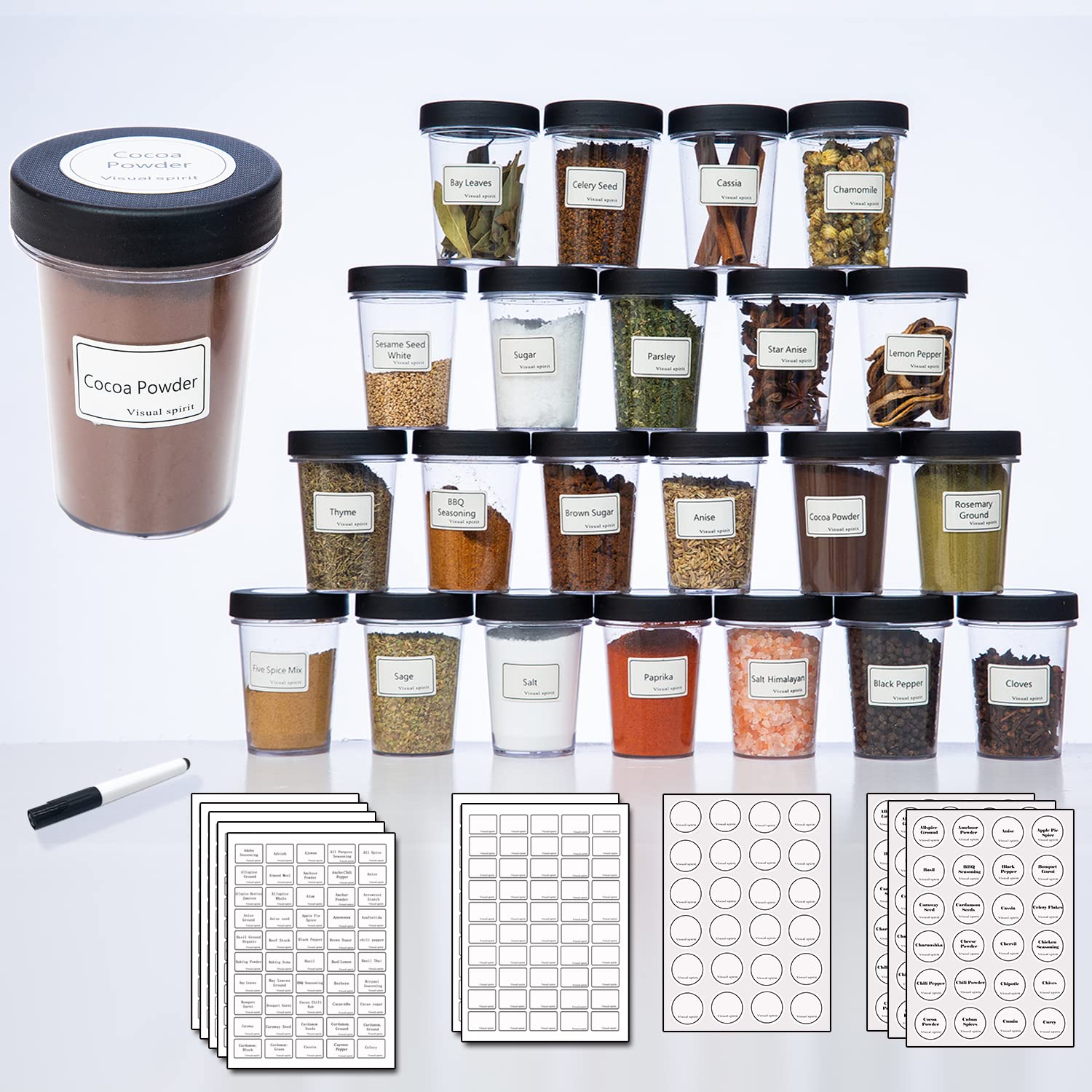 24 PCS Spice Jars storage containers,6 oz,heavy calibre Jars NOT NEED Collapsible Funnel, with Lids Spice Labels Stickers,PETG materials (black)