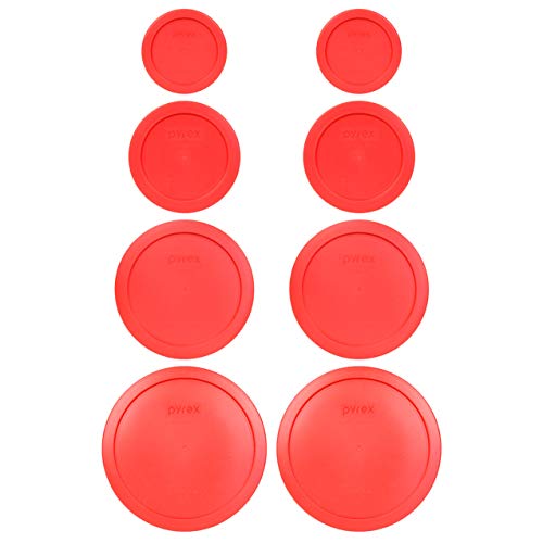 Pyrex (2) 7202-PC 1 Cup, (2) 7200-PC 2 Cup, (2) 7201-PC 4 Cup, (2) 7402-PC 6/7 Cup Red Round Plastic Food Storage Lids, Made in USA