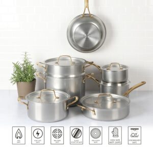 MARTHA STEWART Vintage 18/8 Triply Stainless Steel 12 Piece Cookware Set w/Gold Handles