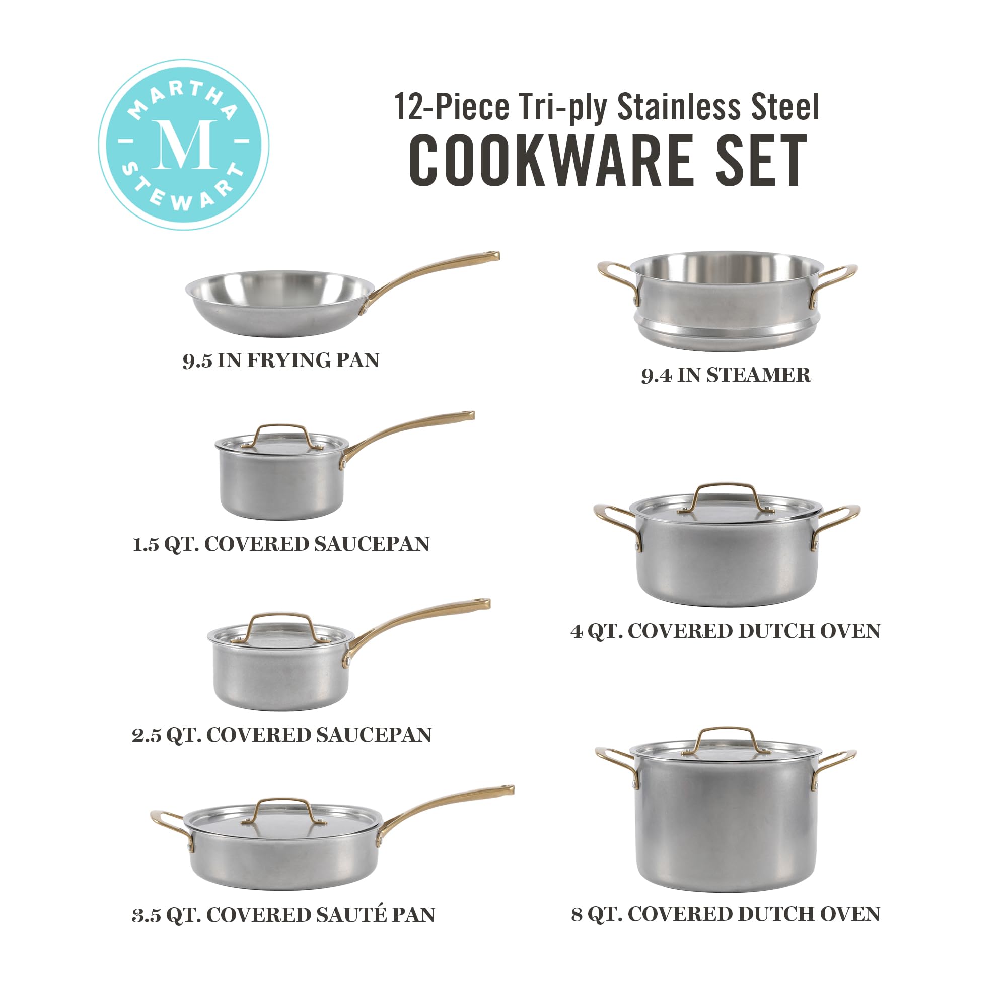 MARTHA STEWART Vintage 18/8 Triply Stainless Steel 12 Piece Cookware Set w/Gold Handles