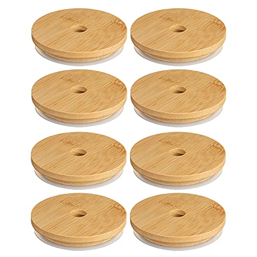 Guangdejin 8 PCS Bamboo Lids with Straw Hole Reusable Mason Jar Tops with Removable Silicone Rings, Seal Lids for Regular Mouth Mason Jars and Bottles, 2.7”