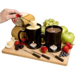 evelots mini fondue pot set/personal fondue mugs-chocolate/cheese/fondue maker gift set/2 ceramic mugs/forks/candles