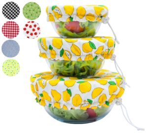 handmade reusable cotton fabric bowl covers - two layers of fabric (set of 3, lemon)