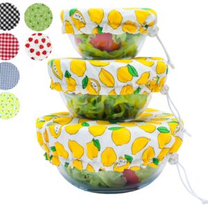 Handmade Reusable Cotton Fabric Bowl Covers - Two Layers of Fabric (Set of 3, Lemon)