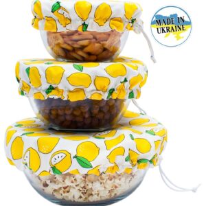 Handmade Reusable Cotton Fabric Bowl Covers - Two Layers of Fabric (Set of 3, Lemon)