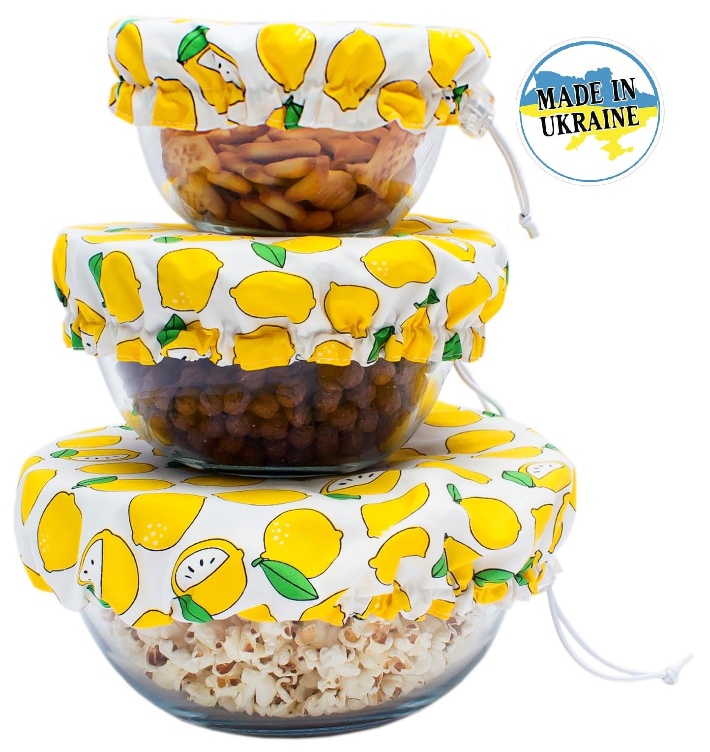 Handmade Reusable Cotton Fabric Bowl Covers - Two Layers of Fabric (Set of 3, Lemon)