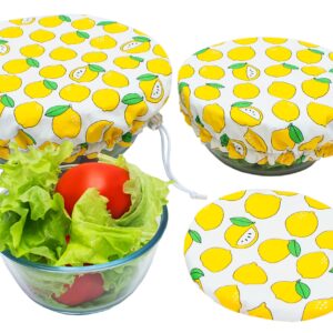 Handmade Reusable Cotton Fabric Bowl Covers - Two Layers of Fabric (Set of 3, Lemon)