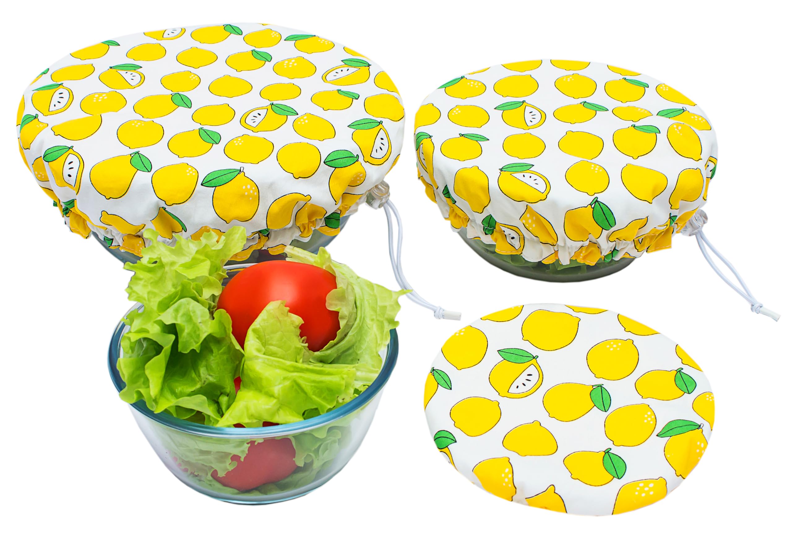 Handmade Reusable Cotton Fabric Bowl Covers - Two Layers of Fabric (Set of 3, Lemon)