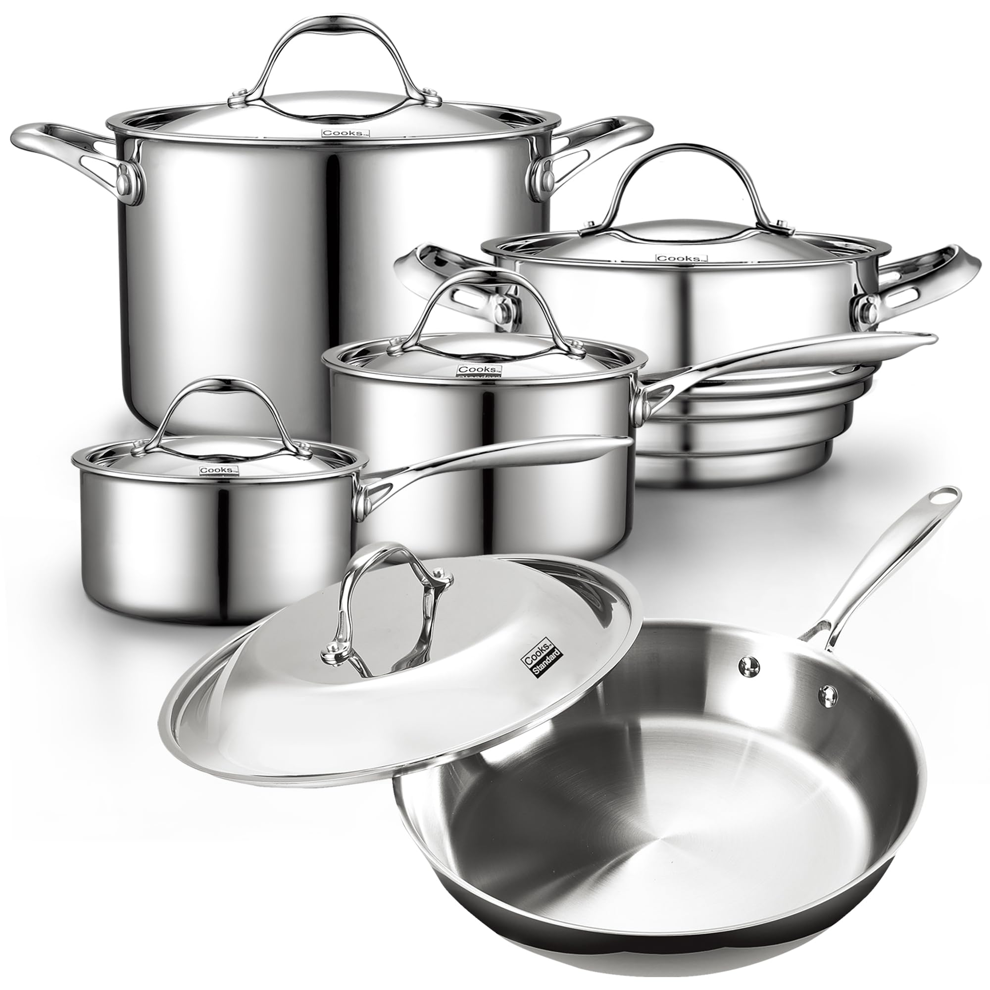 Cooks Standard Stainless Steel Kitchen Cookware Sets 10-Piece, Multi-Ply Full Clad Pots and Pans Cooking Set with Fry Pan, Dishwasher Safe, Oven Safe 500°F