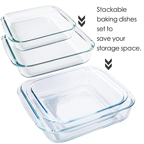 Glass Casserole Dish Set of 4, 8x8 Square Baking Dishes for Oven Cooking, Dishwasher Freezer Safe Borosilicate Glass Bakeware Set (1.9QT, 1.2QT)