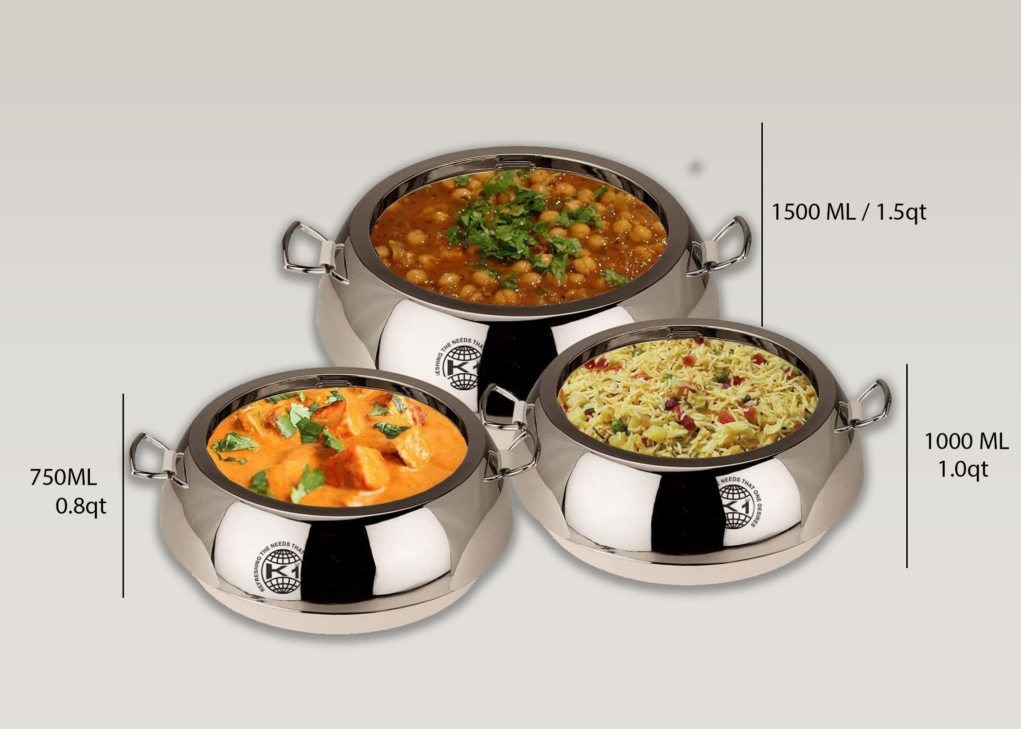 King International Stainless Steel Casserole Dish with Lid Set of 3, Eena Meena Deeka Ultra Set Insulated Casserole, Hot Pot, Chapati Box, Chapati Container, 0.8 qt, 1 qt, 1.5 qt