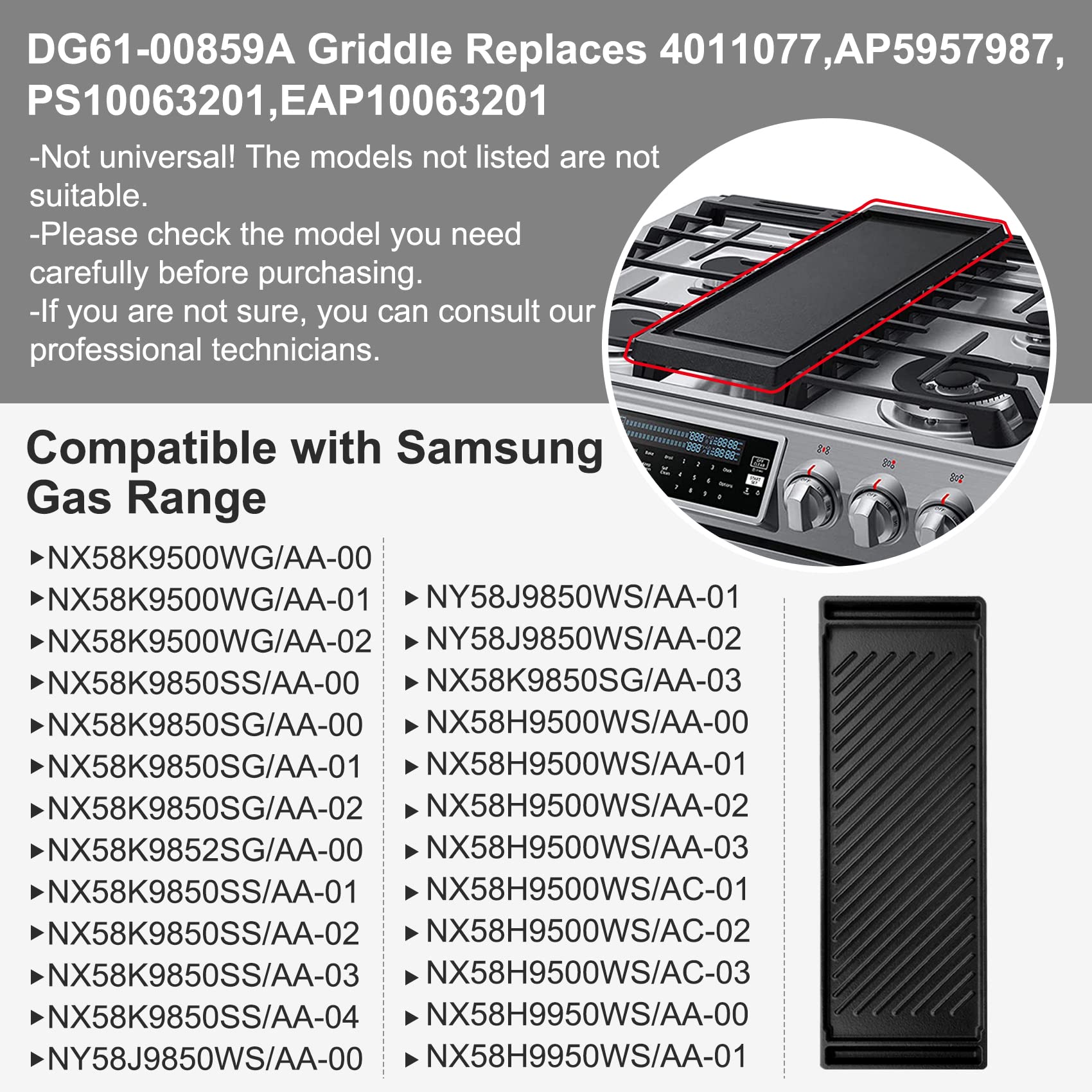 Upgraded DG61-00859A Griddle Compatible With samsung Stove Parts Top Griddle Plate,AP5957987 4011077 PS10063201 Heavy Duty Cast Iron Reversible Griddle/Grill Combo（Not Universal）-1 Year Warranty