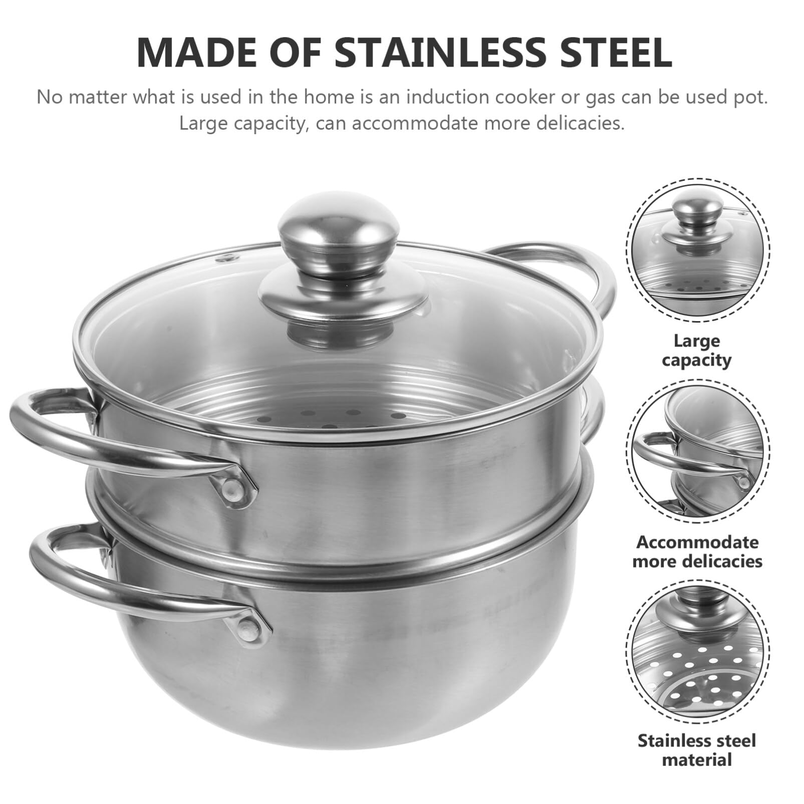 YARNOW Stainless Steel Steamer Pot 2 Tier Food Steamer Double Layer Metal Cooking Steamer Support for Stove and Induction for Tamale Vegetable Dumpling and Seafood 18cm