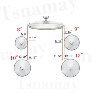 Tsnamay 10 Inch Clear Glass Pot Lid for Frying Pan Replacement Cover Can Withstand 356°F (180℃) with Stainless Steel knobs