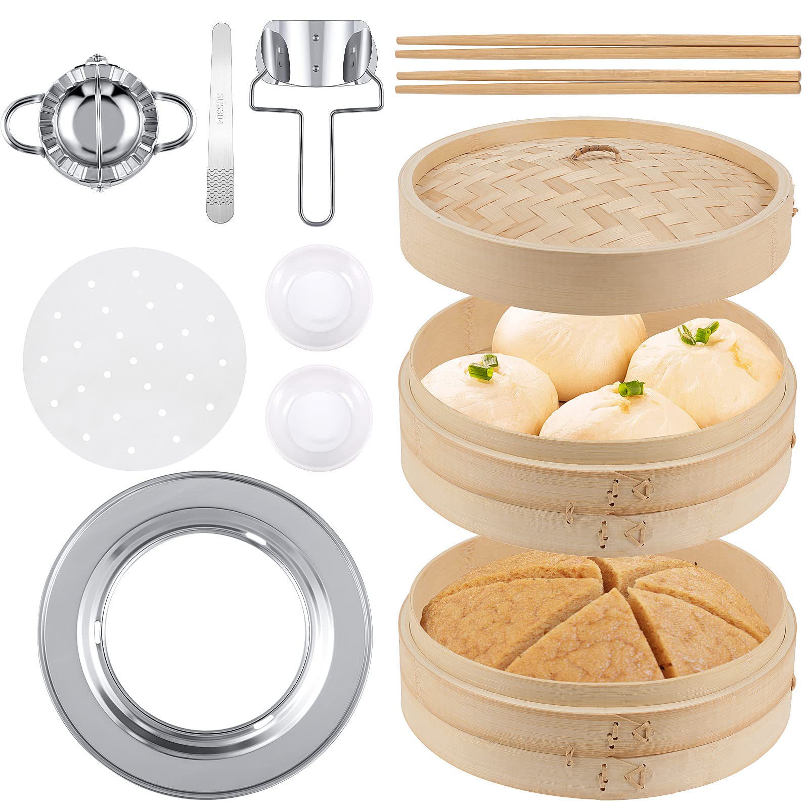 2 Tier Bamboo Steamer Basket Set Including Stainless Steel Steamer Ring Dumpling Maker Mold and Cutter Meat Spoon 2 Pairs Bamboo Chopsticks 2 Pcs Sauce Dish 50 Pcs Paper Liners for Kitchen (10 Inch)