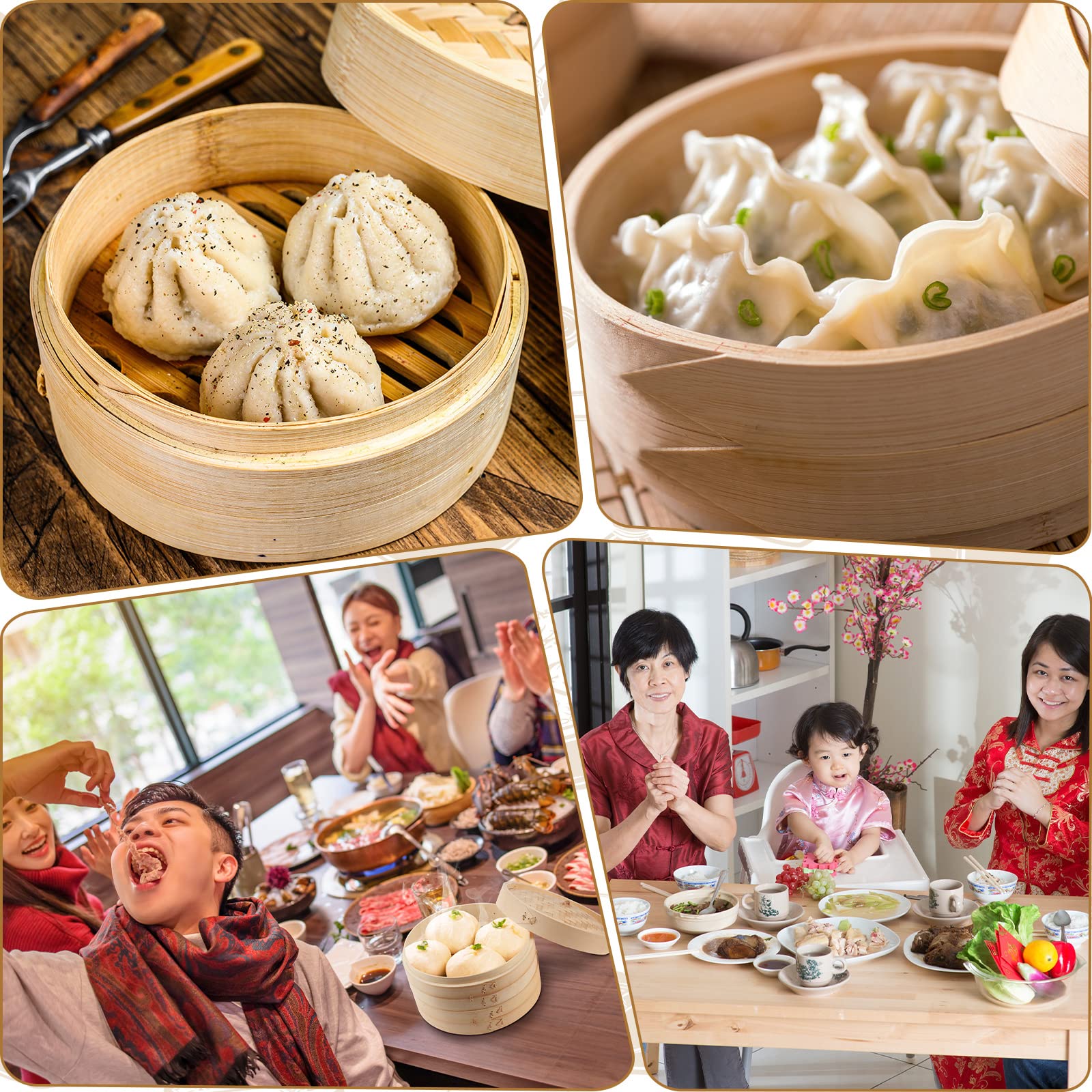 2 Tier Bamboo Steamer Basket Set Including Stainless Steel Steamer Ring Dumpling Maker Mold and Cutter Meat Spoon 2 Pairs Bamboo Chopsticks 2 Pcs Sauce Dish 50 Pcs Paper Liners for Kitchen (10 Inch)