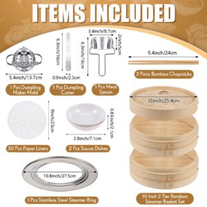 2 Tier Bamboo Steamer Basket Set Including Stainless Steel Steamer Ring Dumpling Maker Mold and Cutter Meat Spoon 2 Pairs Bamboo Chopsticks 2 Pcs Sauce Dish 50 Pcs Paper Liners for Kitchen (10 Inch)