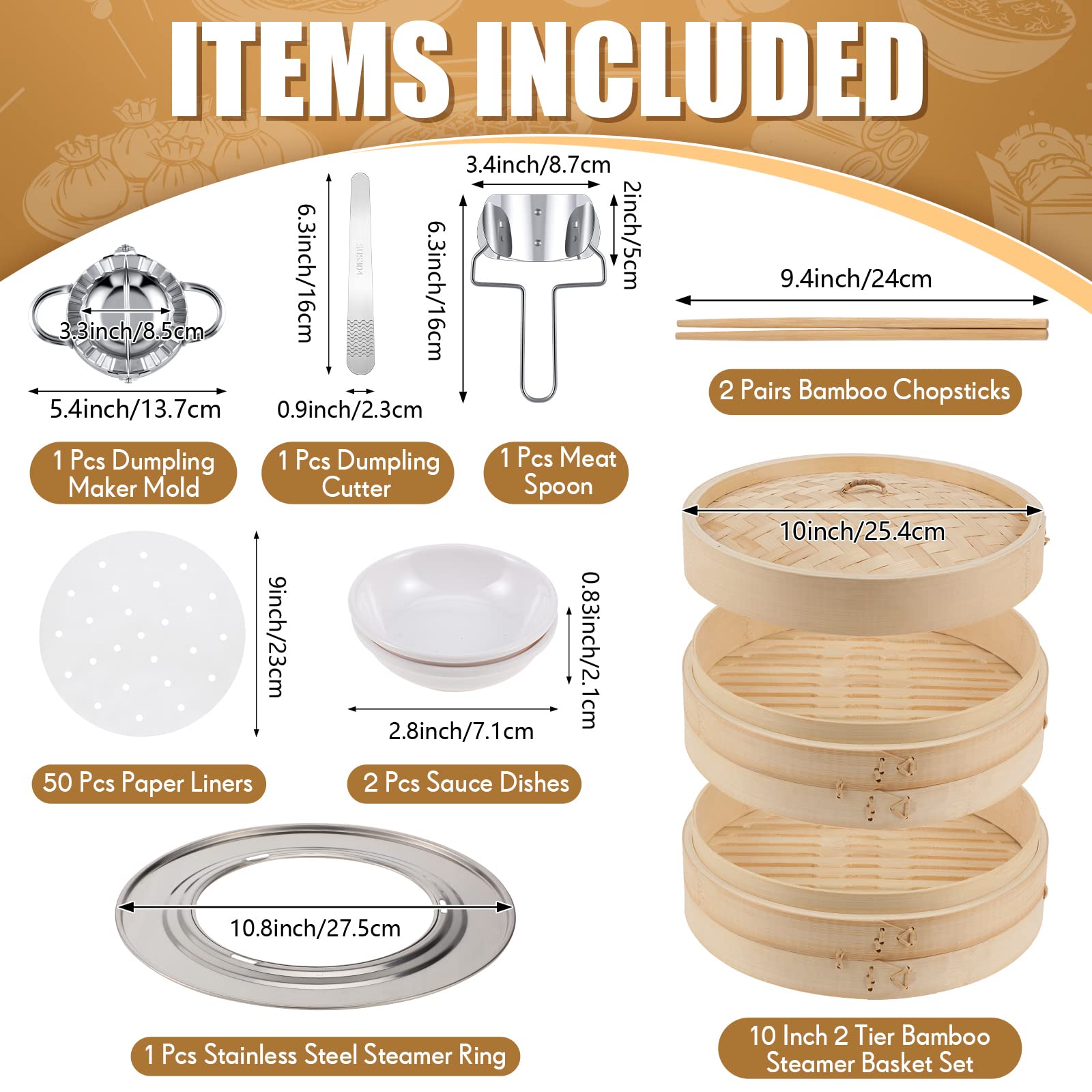 2 Tier Bamboo Steamer Basket Set Including Stainless Steel Steamer Ring Dumpling Maker Mold and Cutter Meat Spoon 2 Pairs Bamboo Chopsticks 2 Pcs Sauce Dish 50 Pcs Paper Liners for Kitchen (10 Inch)