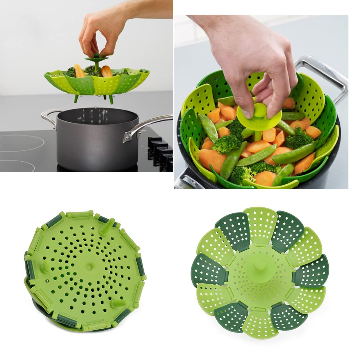 RUITASA Steamer Basket Folding, Folding Silicone Steamer Basket, Folding Steamer, Leisure Lotus Steamer Basket for Steaming Food and Vegetable Folding Non-Scratch BPA-Free(Green)