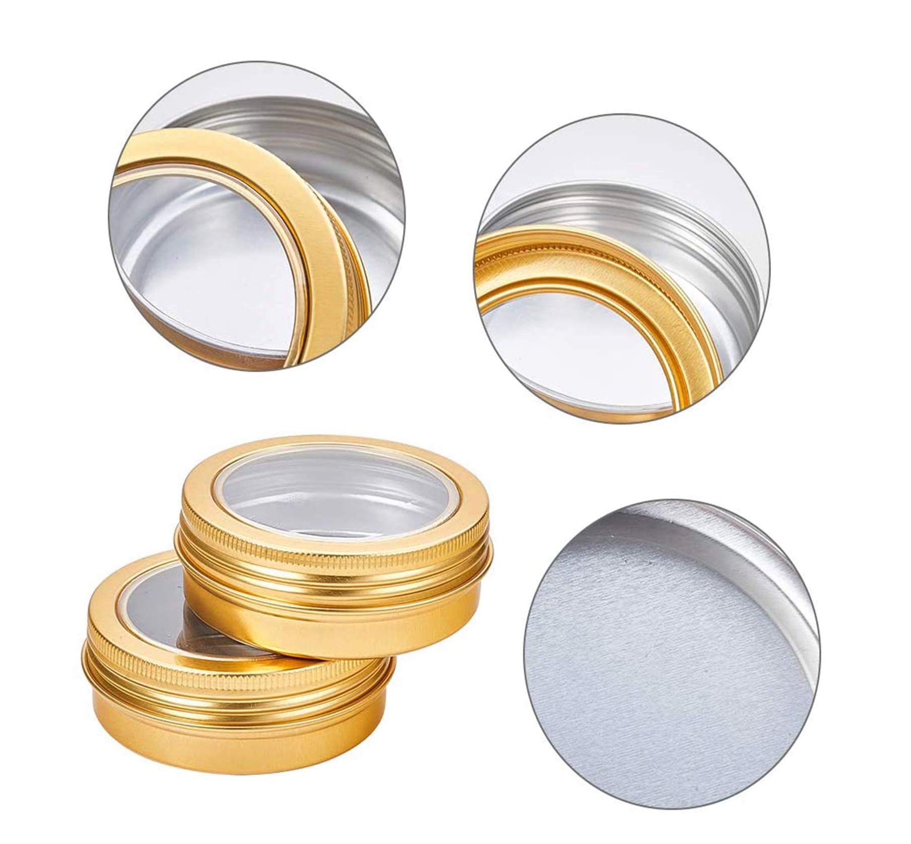 Healthcom 15 Pack 3 Oz Clear Window Round Aluminum Tin Cans Screw Top Metal Lid Aluminum Tin Jar Empty Lip Balm Tin Cans Cosmetic Storage Jars for Spices Candles Candies Gifts Arts Crafts,90ml(Gold)