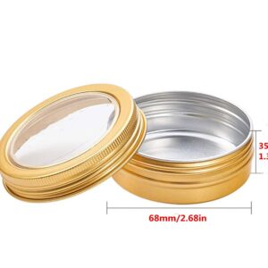 Healthcom 15 Pack 3 Oz Clear Window Round Aluminum Tin Cans Screw Top Metal Lid Aluminum Tin Jar Empty Lip Balm Tin Cans Cosmetic Storage Jars for Spices Candles Candies Gifts Arts Crafts,90ml(Gold)