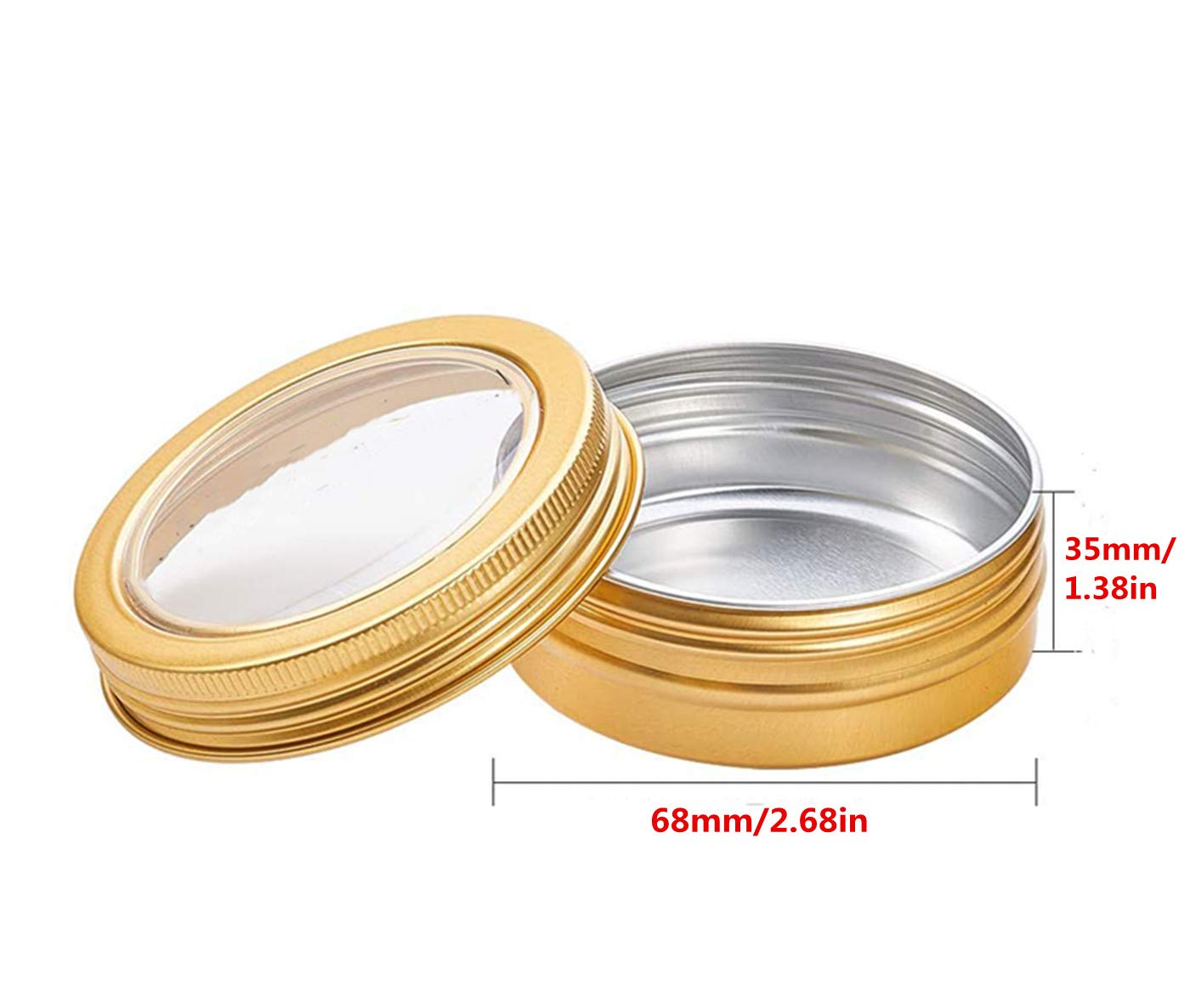 Healthcom 15 Pack 3 Oz Clear Window Round Aluminum Tin Cans Screw Top Metal Lid Aluminum Tin Jar Empty Lip Balm Tin Cans Cosmetic Storage Jars for Spices Candles Candies Gifts Arts Crafts,90ml(Gold)