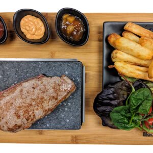 Black Rock Grill Steak Stone, Hot Stone Grill - Sizzling Hot Rock, Indoor Grill, Cooking Stone with Matt Black Ramekins and Side Plate (One Standard Set)