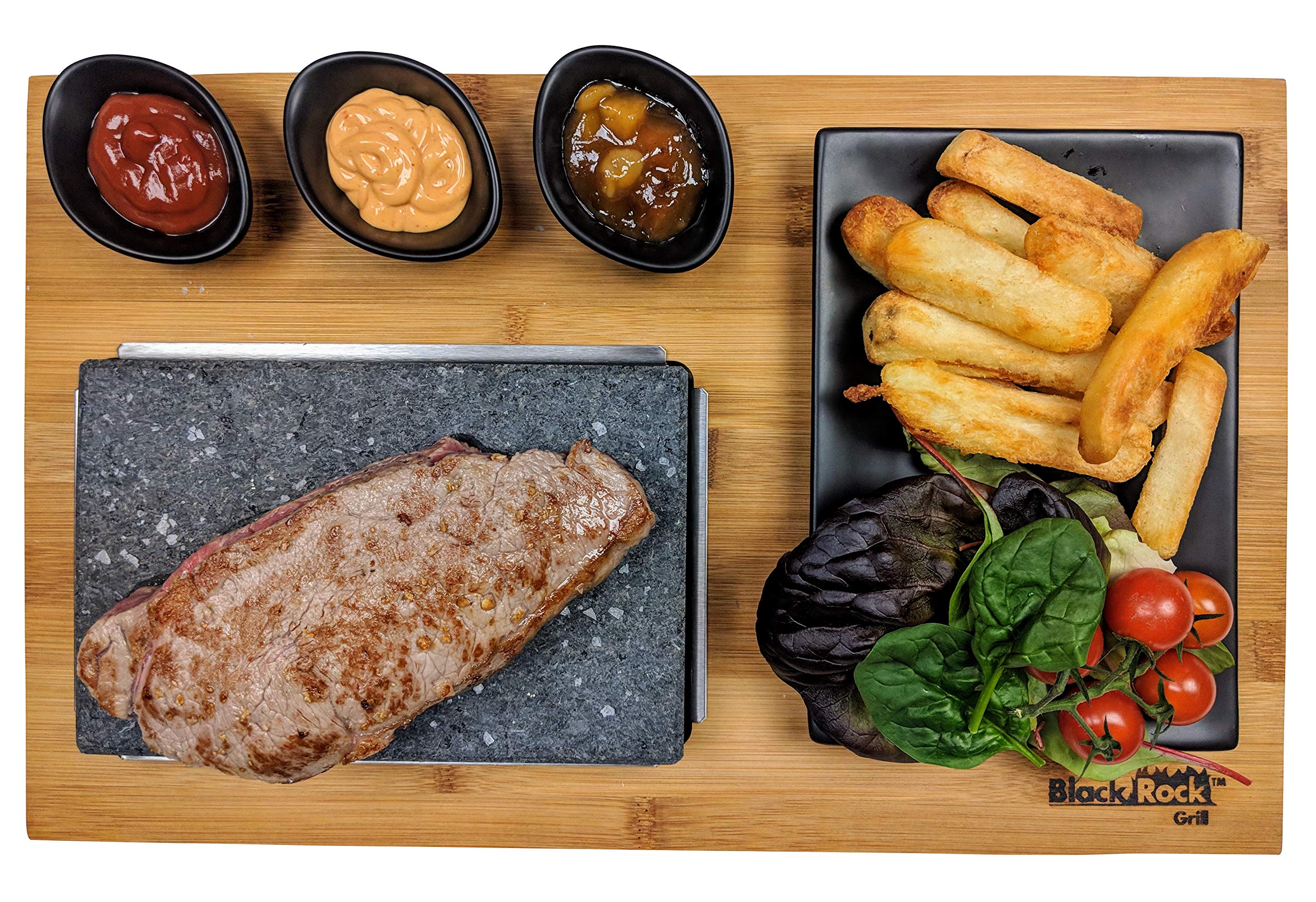 Black Rock Grill Steak Stone, Hot Stone Grill - Sizzling Hot Rock, Indoor Grill, Cooking Stone with Matt Black Ramekins and Side Plate (One Standard Set)