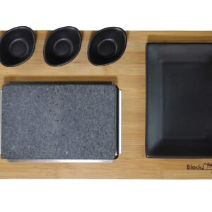 Black Rock Grill Steak Stone, Hot Stone Grill - Sizzling Hot Rock, Indoor Grill, Cooking Stone with Matt Black Ramekins and Side Plate (One Standard Set)