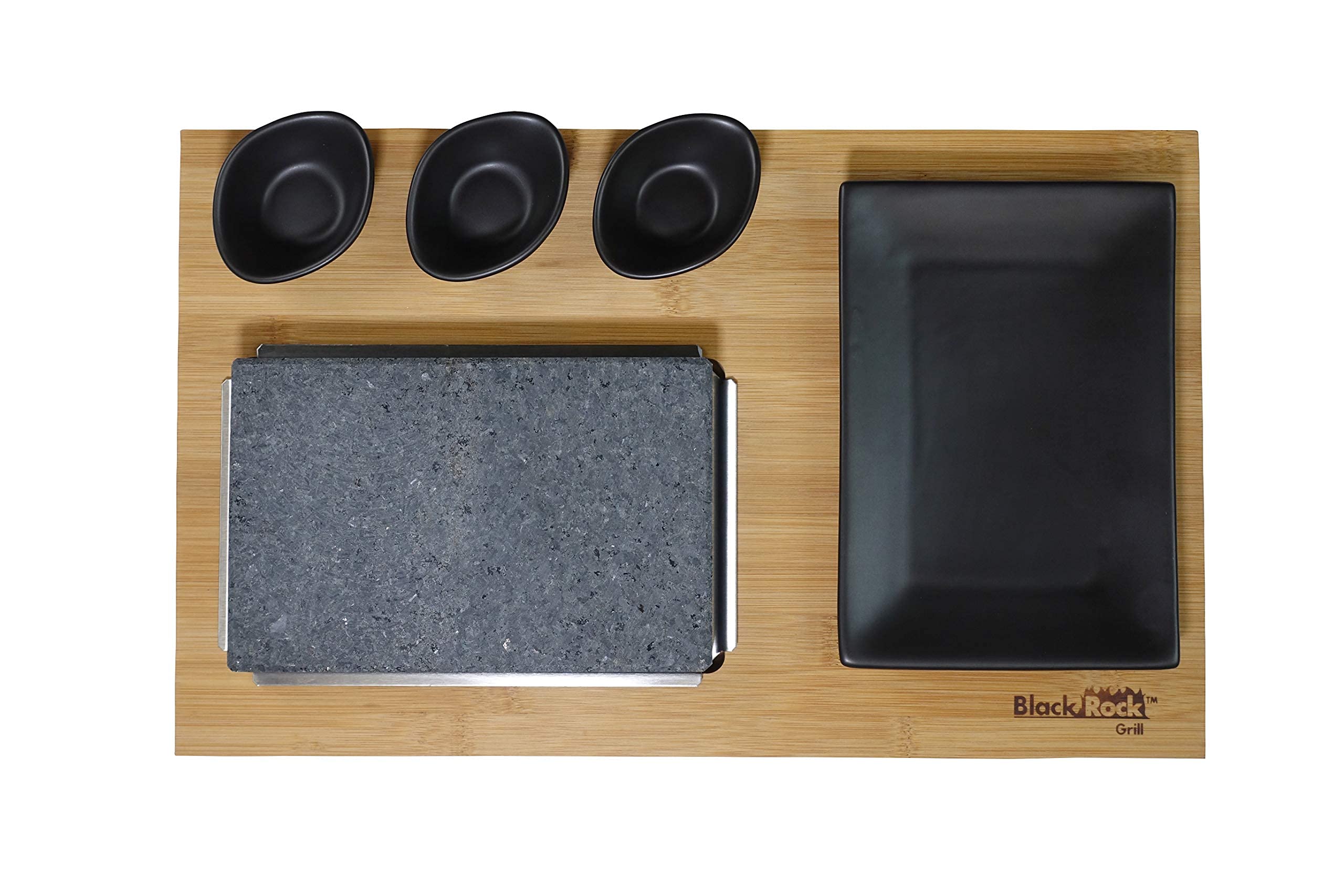 Black Rock Grill Steak Stone, Hot Stone Grill - Sizzling Hot Rock, Indoor Grill, Cooking Stone with Matt Black Ramekins and Side Plate (One Standard Set)