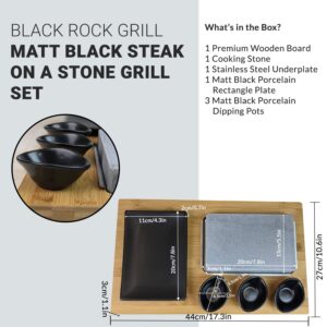 Black Rock Grill Steak Stone, Hot Stone Grill - Sizzling Hot Rock, Indoor Grill, Cooking Stone with Matt Black Ramekins and Side Plate (One Standard Set)