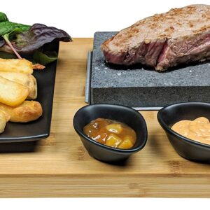 Black Rock Grill Steak Stone, Hot Stone Grill - Sizzling Hot Rock, Indoor Grill, Cooking Stone with Matt Black Ramekins and Side Plate (One Standard Set)