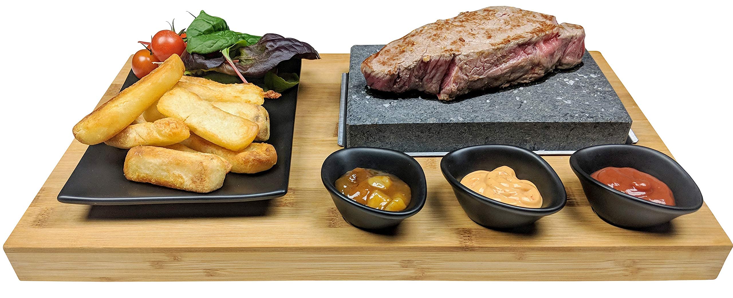 Black Rock Grill Steak Stone, Hot Stone Grill - Sizzling Hot Rock, Indoor Grill, Cooking Stone with Matt Black Ramekins and Side Plate (One Standard Set)