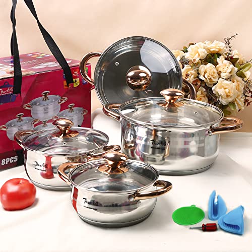 Upgraded Version 8 Pcs Pots Set Nonstick,Premium Stainless Steel Pots,Pot Sets for Cooking Nonstick Clearance with Stainless Steel Handle and Glass Lid（1.5Qt,2.0Qt,3.0Qt,5Qt）