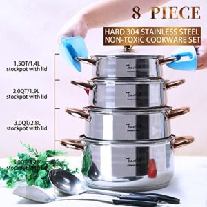 Upgraded Version 8 Pcs Pots Set Nonstick,Premium Stainless Steel Pots,Pot Sets for Cooking Nonstick Clearance with Stainless Steel Handle and Glass Lid（1.5Qt,2.0Qt,3.0Qt,5Qt）