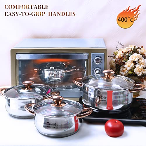 Upgraded Version 8 Pcs Pots Set Nonstick,Premium Stainless Steel Pots,Pot Sets for Cooking Nonstick Clearance with Stainless Steel Handle and Glass Lid（1.5Qt,2.0Qt,3.0Qt,5Qt）