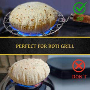 KSJONE Stainless Steel Multi-Functional Wire Steaming Cooling and Baking Barbecue Rack Round Wire Roaster Rack/Papad Jali/Roti Grill Round Shape with Wooden Handle